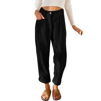 Generic Pantalon vintage d&eacute;contract&eacute; en velours c&ocirc;tel&eacute; taille haute avec poches pour femme, Noir, 3XL