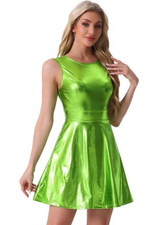 Allegra K Damen &Auml;rmellos Partykleid Glitzer Rundhals A-Linie Holografisch Metallic Kleid Hell Gr&uuml;n S