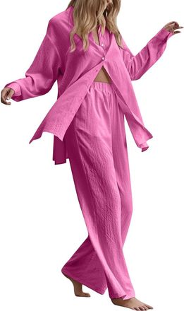 Generic Zweiteiler Damen Sommer Leinen Set Elegant Hosenanzug Leinenanzug Button Down Langarmshirt Loungewear Set High Waist Freizeithose Weite Hose Outfit Ca