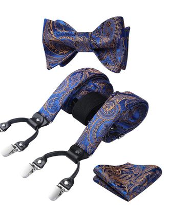 Hisdern Blau Herren Hosentr&auml;ger mit 6 starken Clips Extra Breit Paisley Y Form Hosentr&auml;ger f&uuml;r Herren mit Fliege Einsteckuch Set