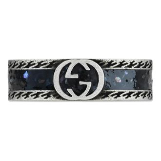 Gucci Ring aus Sterlingsilber und gr&uuml;nem Emaille mit Interlocking G Detail - - Accessories - Damen - Grau - 64 MM