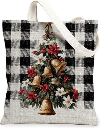 Generic Sacs fourre-tout en toile de No&euml;l, motif arbre de vacances festif, sacs de courses r&eacute;utilisables, &agrave; carreaux rustiques, l&eacute;gers et lavables, toile pour