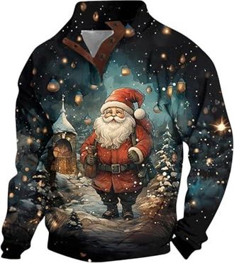 Generic Pull de Noël pour homme avec imprimé Père Noël amusant à manches longues et revers boutonné - Pull dhiver chaud en polaire pour lhiver, Rouge, 5XL