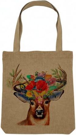 Fabulous Sac Shopping Tote Bag Aspect Lin - Dessin Cerf Fleurs Animal De La Foret Art Nature - Sac de Courses Toile Epaisse 360g Beige Naturel Cabas Port&eacute; Epau