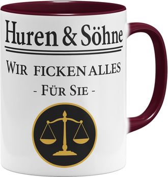 OM3 Anwalt Kaffee-Tasse mit Spruch - Huren & S&ouml;hne - Lustige Jura Spruch f&uuml;r Studenten & Juristen - Keramik Becher - 325ml - Beidseitig Bedruckt - Bordeau
