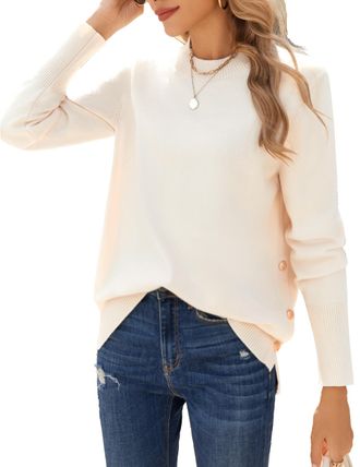 Zeagoo Strickpullover Damen Herbst Pullover Langarm Rundhals Strickpulli Winter Knit Pulli Warm Winterpullover Elegant Strickpulli mit Knöpfen Cream M