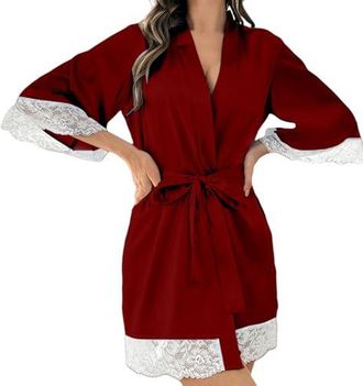 Generic DUHGBNE Robe Noir Pyjama Femme Sexy Peignoir De Bain Femme avec FR R&eacute;Tro Dentelle Robe De Chambre Nuit Dress Confortable Souple Nuisette avec Cordon &agrave;