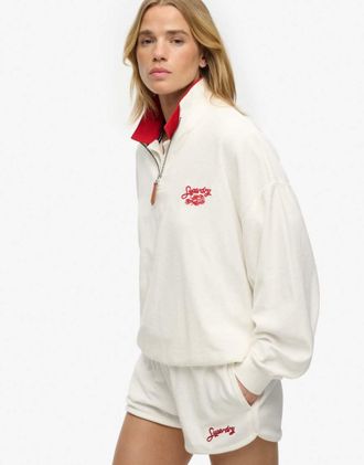 Superdry Heritage - Sweat en tissu &eacute;ponge &agrave; col zipp&eacute; - Cr&egrave;me-Blanc