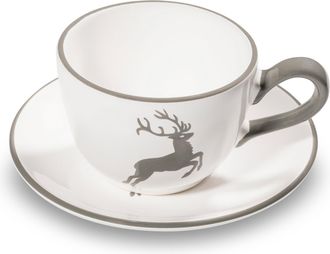 Gmundner Keramik Grauer Hirsch, Kaffeetasse mit Untertasse Cup, handgemacht in &Ouml;sterreich