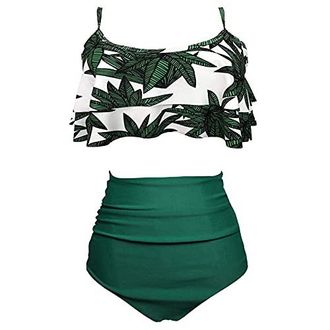 Generic Tankini pour femme taille haute 2 pi&egrave;ces maillot de bain modeste Push Up imprim&eacute; piscine maillots de bain dos nu plage bas de bikini, Vert, XXL