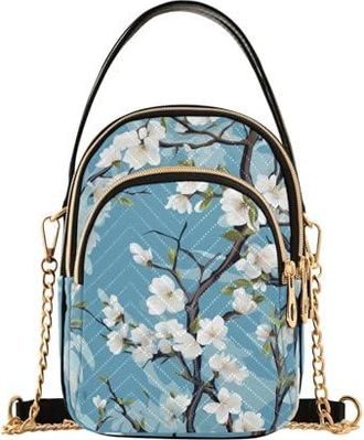 Mnsruu Sac à bandoulière pour femme - Motif fleurs de cerisier blanc - Bleu - Petit sac à bandoulière avec sangle réglable