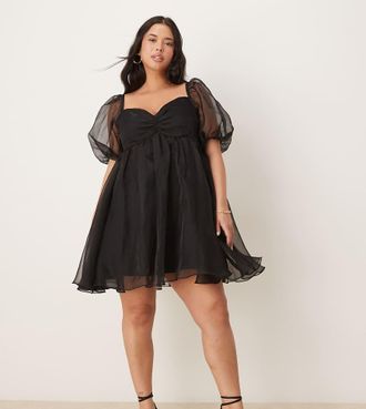 Lace & Beads Plus Robe courte en organza &agrave; manches bouffantes - Noir