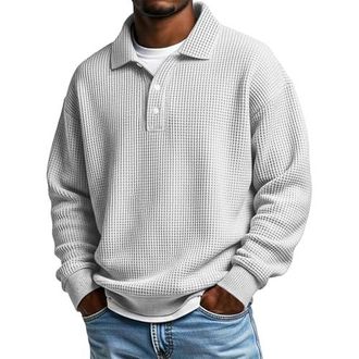 Generic Polo pour Homme en Tricot Waffle, Col &agrave; Grandes Pointes Henley Manches Longues, Taille Large Uni D&eacute;contract&eacute; Automne(White,3X-Large)