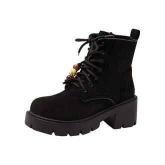 Generic Bottes &agrave; lacets pour femme - Style d&eacute;contract&eacute; et &eacute;l&eacute;gant - Bout rond - Talon &eacute;pais - Antid&eacute;rapant - Fermeture &eacute;clair lat&eacute;rale - Confortables - Noir e