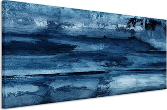 Paul Sinus Art Sinus Art 150x50cm Wandbild - Farbe Blau Petrol Panoramabild Wandbild auf echter Leinwand in sehr hoher Qualität - Abstrakt Acrylgemälde I