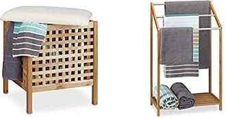 Relaxdays Badhocker Walnuss mit W&auml;schesammler, 52 x 49 x 49 cm, 52 Liter Sitzhocker, Natur wei&szlig; & Handtuchhalter Bambus, 3 Handtuchstangen, Freistehend, Ablage,