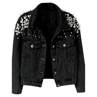 Generic Chemise en jean oversize pour femme, brod&eacute;e de perles et rivets, veste en jean courte boutonn&eacute;e, noire, taille M