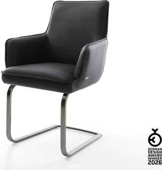 DELIFE Freischwinger Heira-Flex mit Armlehnen Echt-Leder Schwarz Freischwinger flach Graphit Taschenfederkern, Esszimmerst&uuml;hle
