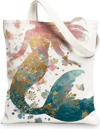 Generic Sacs fourre-tout artistiques en toile, motif sirène, réutilisables, légers et lavables avec bandoulière pour salle de sport, extérieur, voyage, plage,