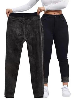 Minetom Jean Hiver Femme Taille Haute Slim Skinny Thermique Jeans Stretch Doubl&eacute; Polaire Chaud Denim Pantalon B Noir S