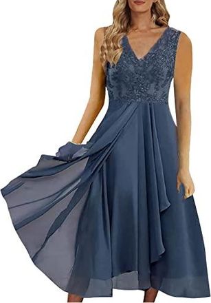 Generic Robe longue en mousseline de soie avec col en V et dentelle ajour&eacute;e pour femme - Robe de demoiselle dhonneur - Robe de soir&eacute;e d&eacute;contract&eacute;e, bleu, L