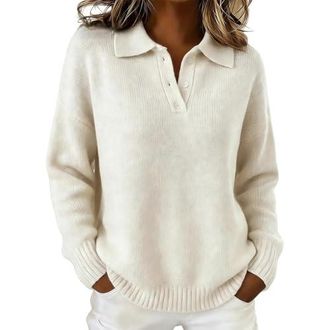 Generic Pull classique &agrave; col polo boutonn&eacute; de couleur unie pour femme, haut tricot&eacute; &agrave; manches longues et col en V pour lautomne et lhiver, beige, 3XL