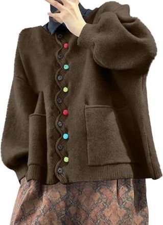 Generic Cardigan tricot&eacute; surdimensionn&eacute; pour femme avec boutons color&eacute;s et manches bouffantes avec poches, manteau de printemps pour femmes 2026, caf&eacute;, XXL