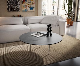DELIFE Couchtisch Edge Rund 90x90 cm Keramik Beton Grau Trive Metall Schwarz, Couchtische