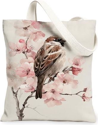 Generic Sacs fourre-tout en toile &agrave; motif floral doiseau, sacs &agrave; provisions r&eacute;utilisables, bandouli&egrave;re lavable l&eacute;g&egrave;re et lavable Ca, beige, 13x15 Inch