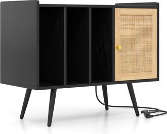 Giantex Plattenspielerständer mit Ladestation, Vinylaufbewahrung mit 3 offenen Fächern & verstellbare Ablage mit Rattan-Tür, Beitellschrank für Wohnzimmer, St