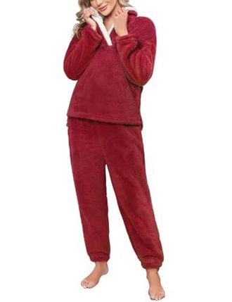 Generic Ensemble de pyjama pelucheux pour femme - V&ecirc;tement dhiver chaud et moelleux - Pantalon de pyjama 2 pi&egrave;ces en polaire douce, Rouge, XXL