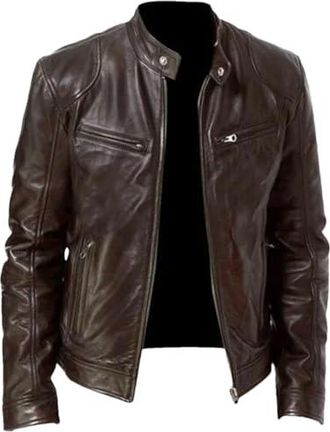 Generic Veste en cuir pour homme avec col montant - Pour extérieur - Pour motard - En cuir synthétique, marron, 5XL