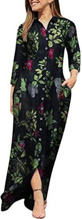 Generic Robes boh&egrave;me 2026 pour femmes, manches longues, d&eacute;contract&eacute;es, col boutonn&eacute;, robe ample en V pour femmes, noir fonc&eacute;, S