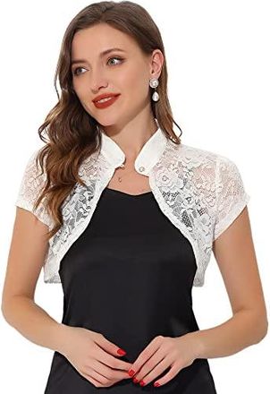 Allegra K Boléro en Dentelle Femmes à Manches Courtes Gilet Court Transparent pour Invité De Mariage Cardigan Col Montant Élégant Blanc M