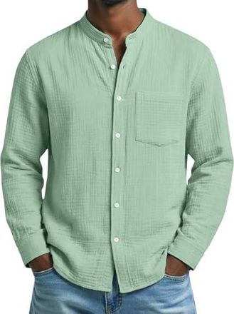 Generic Chemises en lin pour homme col grand-p&egrave;re manches longues col &agrave; bandes chemises en lin avec poche poitrine d&eacute;contract&eacute;e unie intelligente chemise de p