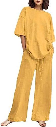 Generic Ensemble Tunique Pantalon Femme Femmes &Eacute;t&eacute; D&eacute;contract&eacute; Ceinture Poche Ensemble Demi Manches O Cou Haut Et Large Jambe Pantalon Ensemble Portefeuille J