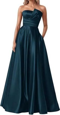 Generic Robe de bal longue sans bretelles en satin pour femme - Robe de soir&eacute;e formelle sans manches, bleu sarcelle, 58 Grande taille