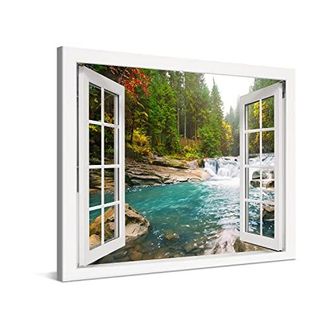 Picanova Photo sur Toile For&ecirc;t Rivi&egrave;re Ch&ucirc;te dEau Fen&ecirc;tre 100x75cm - Impression sur Toile Haut de Gamme - Image sur Toile pour D&eacute;coration Murale Moderne - La C
