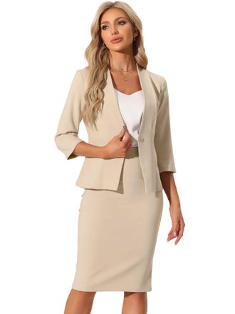 Allegra K Damen Business Rock Anzug Set 2-Teiliges B&uuml;ro Arbeits Outfit Kragenloser Blazer Bleistiftrock Khaki XL