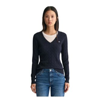 GANT Twisted Cotton V-Neck Pullover - - Knitwear - Damen - Blau - S