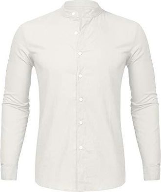 Generic Chemise en lin et coton &agrave; manches longues pour homme, col rond boutonn&eacute;e, chemise classique vintage, chemise basique essentielle, haut doux et extensi