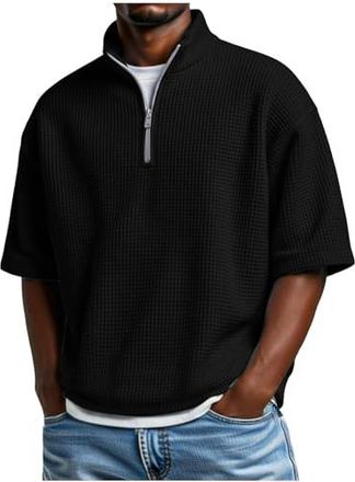 Generic Sweat-shirt d&eacute;contract&eacute; &agrave; col montant et fermeture &eacute;clair contrast&eacute;e pour homme, chemise gaufr&eacute;e &agrave; manches longues, pull ample pour les vacances, Noir