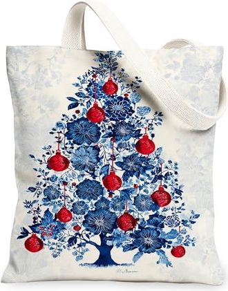 Generic Sacs fourre-tout en toile &agrave; motif floral de No&euml;l, sacs d&eacute;picerie r&eacute;utilisables, vintage lavables en toile pour Tr, bleu, 13x15 Inch