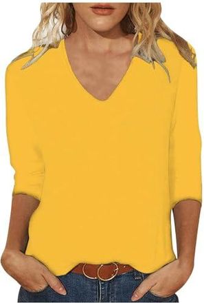 Generic HUIFUAO T-shirts pour femmes, col en V blanc, t-shirts à manches 3/4, t-shirts dété basiques de couleur unie, hauts élégants, t-shirts noirs pour femm