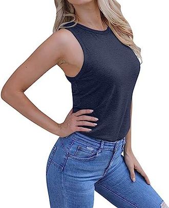 Generic D&eacute;bardeur tendance &agrave; col rond pour femme, chemisier d&eacute;t&eacute; ample sans manches, couleur unie, coupe ample, d&eacute;bardeurs basiques tendance pour le printemps