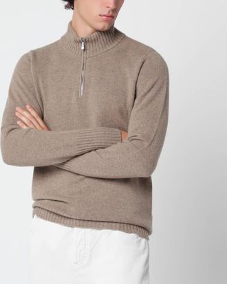 Drumohr Beige melierter Half-Zip-Pullover aus Wolle