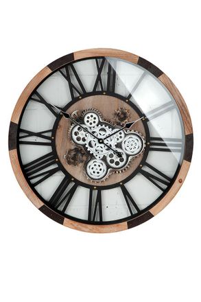 Gilde Wanduhr - rund aus Holz und Metall - Zahnr&auml;dermotiv - naturfarben und schwarz - &Oslash; 68cm x Tiefe 8cm - Batterien in der Lieferung Nicht enthalten