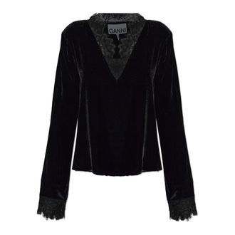 Ganni Samt-Oberteil mit Spitzendetails - - Blouses & Shirts - Damen - Schwarzk - XS
