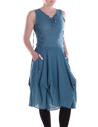vishes Alternative Bekleidung - Damen knielanges Kleid Baumwolle Casual verstellbares Kleid im Lagen-Design mit Taschen t&uuml;rkis 42