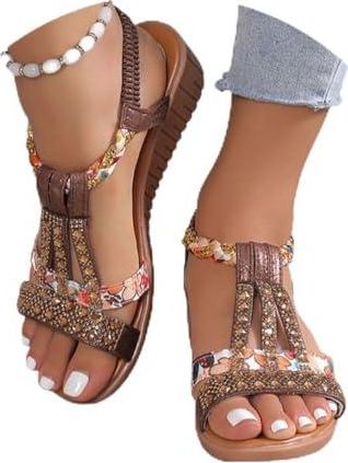 Onsoyours Sandale Femme Compensees Été Mode Élégance Mules Sandales Bout Ouvert Rome Strass Bride Cheville Chaussures pour Plage Vacances A Marron 40 EU